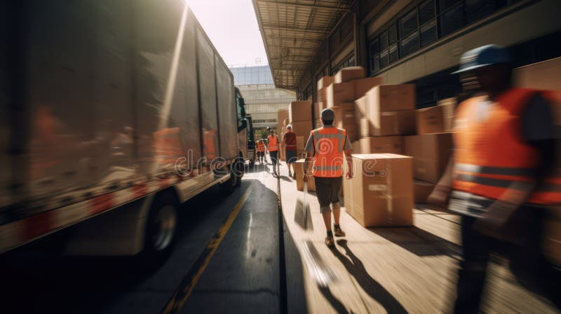 Workers Loading Boxes into Trucks Stock Image - Image of welllit ...