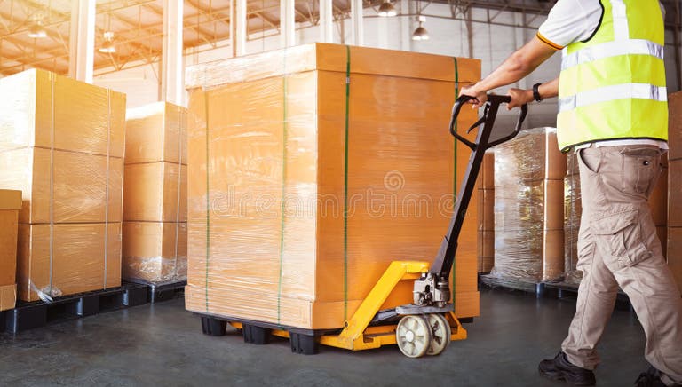 Workers Loading Bulk of Package Boxes in Warehouse. Forklift Pallet ...