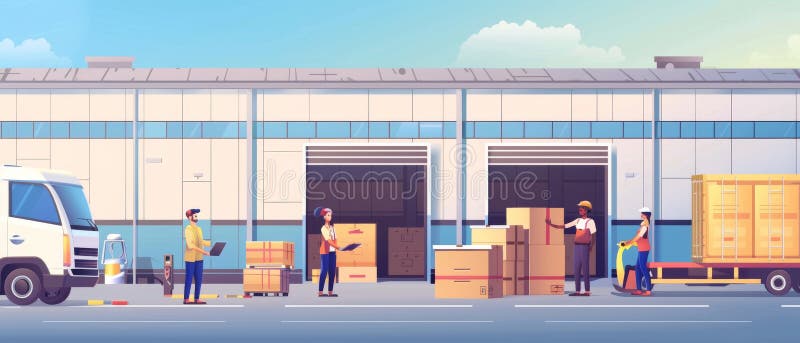 Workers Loading Cardboard Boxes into a Delivery Truck Outside a ...