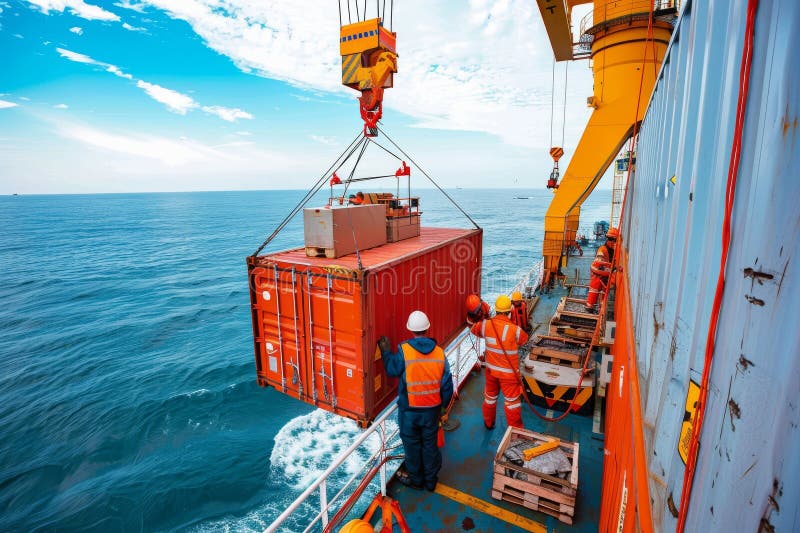 Workers Loading Cargo Container on Ship at Sea with Crane Stock ...