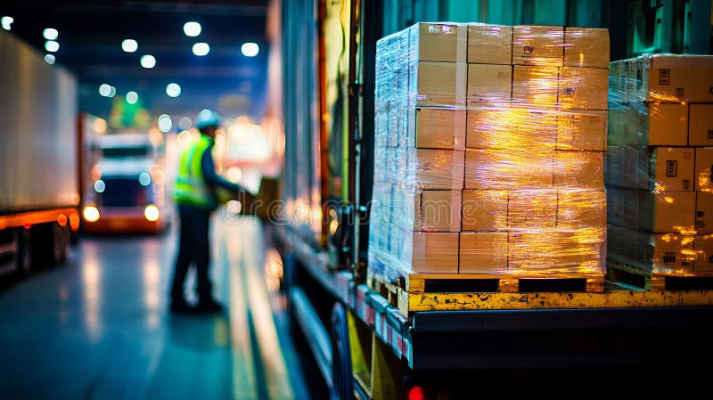 Workers Loading Cargo Onto Freight Trucks at Distribution Center in ...