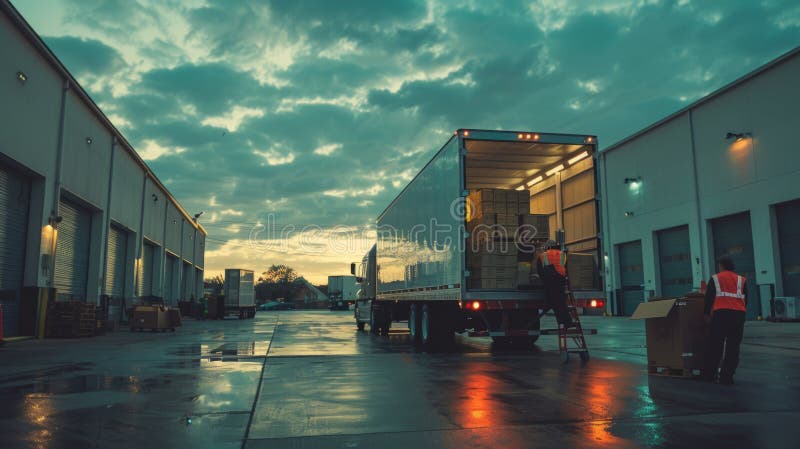 Workers Loading Cargo into a Truck at a Warehouse Dock during Sunset ...