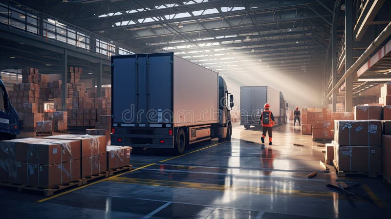 Workers Loading a Delivery Truck with Neatly Stacked Cardboard Boxes ...