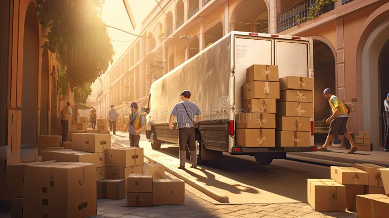 Workers Loading a Delivery Truck with Neatly Stacked Cardboard Boxes ...