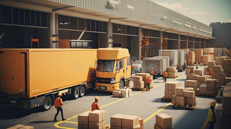 Workers Loading a Delivery Truck with Neatly Stacked Cardboard Boxes ...