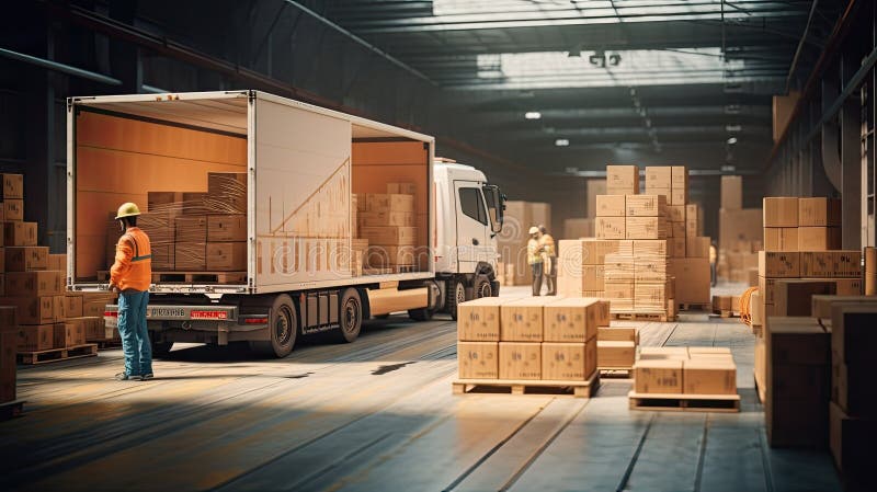 Workers Loading a Delivery Truck with Neatly Stacked Cardboard Boxes ...