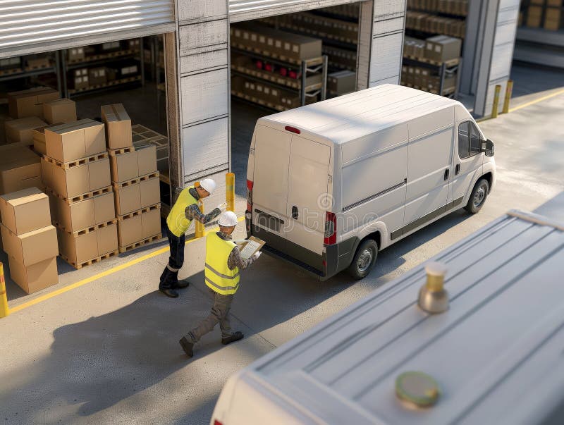 Workers Loading Delivery Van at Warehouse Stock Illustration ...