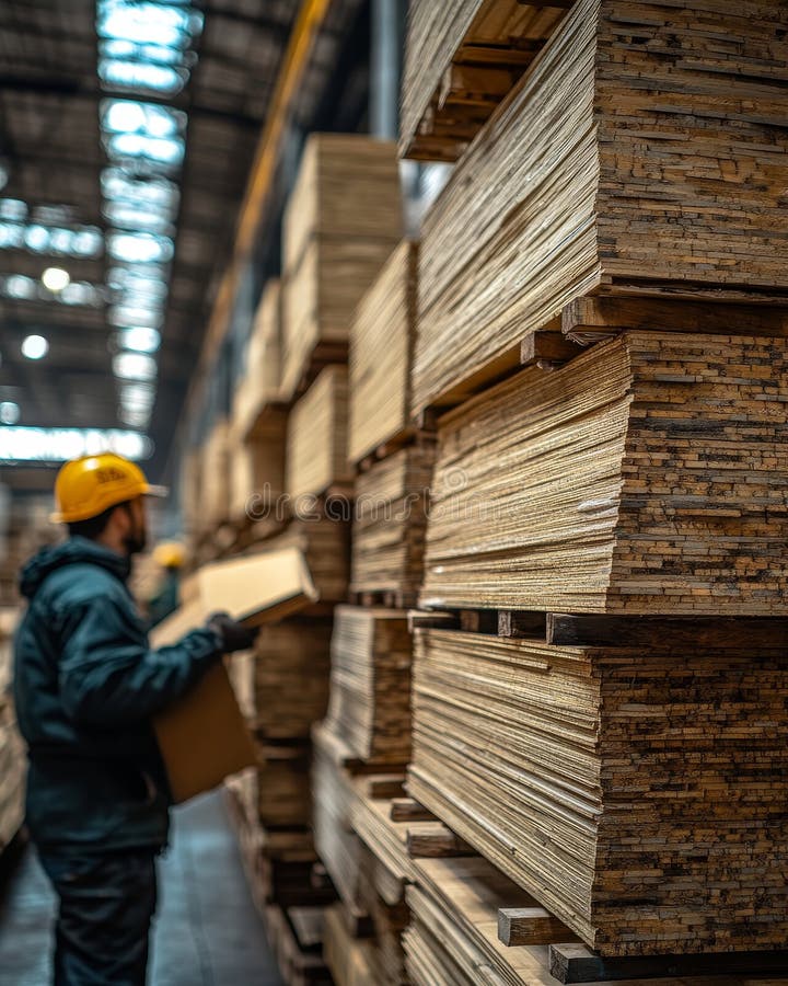 Workers Loading Hardwood Sheets Onto Racks Inside Warehouse Stock ...