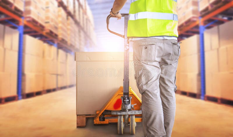 Workers Loading a Package Boxes Pallets in Warehouse. Forklift Pallet ...