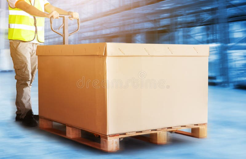 Workers Loading a Package Boxes in Warehouse. Cartons, Cardboard Boxes ...