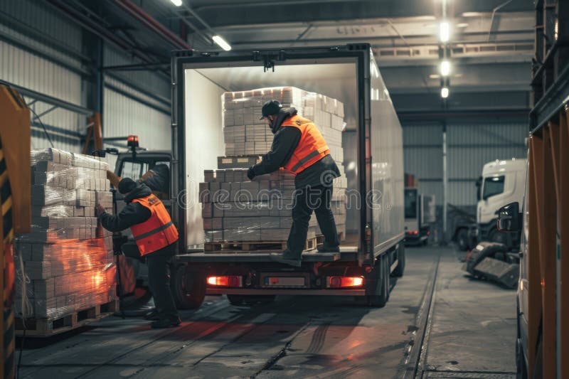 Workers Loading Pallets into a Truck in a Warehouse Stock Photo - Image ...
