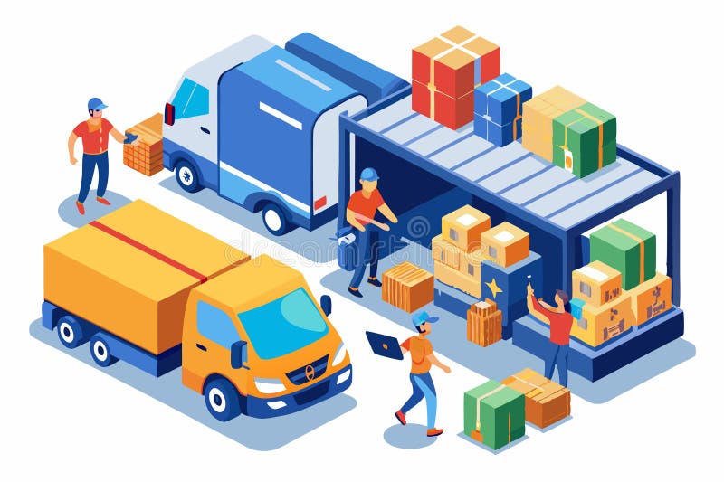 Workers are Loading Various Packages into Trucks at a Busy Warehouse ...