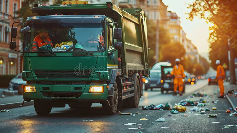 Workers Loading Waste into Bright Green Garbage Truck Stock ...