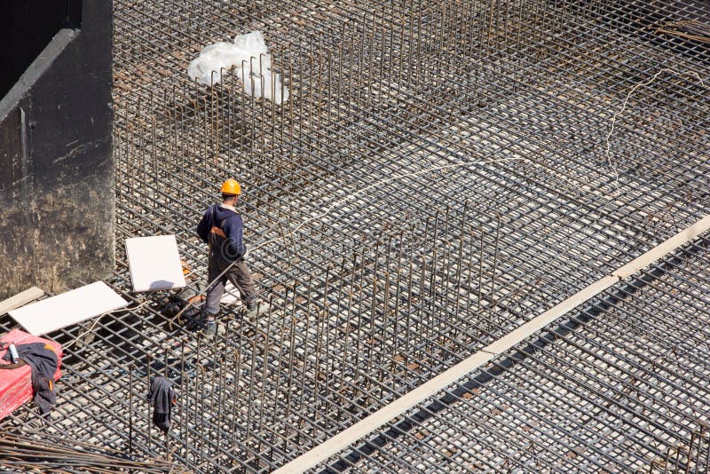 Workers Make Reinforcement for Concrete Foundation Stock Photo - Image ...