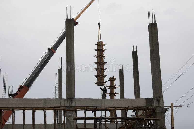 Workers Makes Column Box and Keep by Crane for Built Column Editorial ...