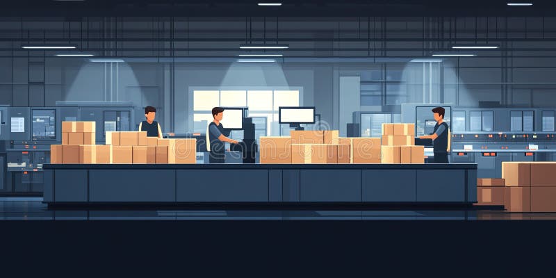 Workers Managing Packages in a Modern Warehouse during Daytime ...