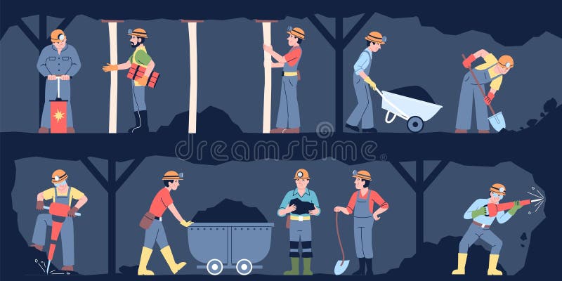 Workers in Mine. Miners with Tools and in Uniform Working Together ...
