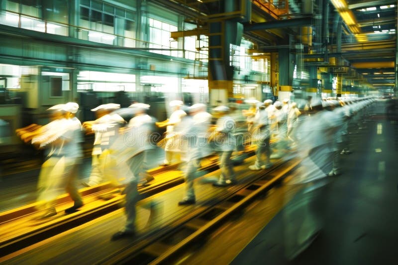 Workers in Motion Blur within a Bustling Factory Environment ...