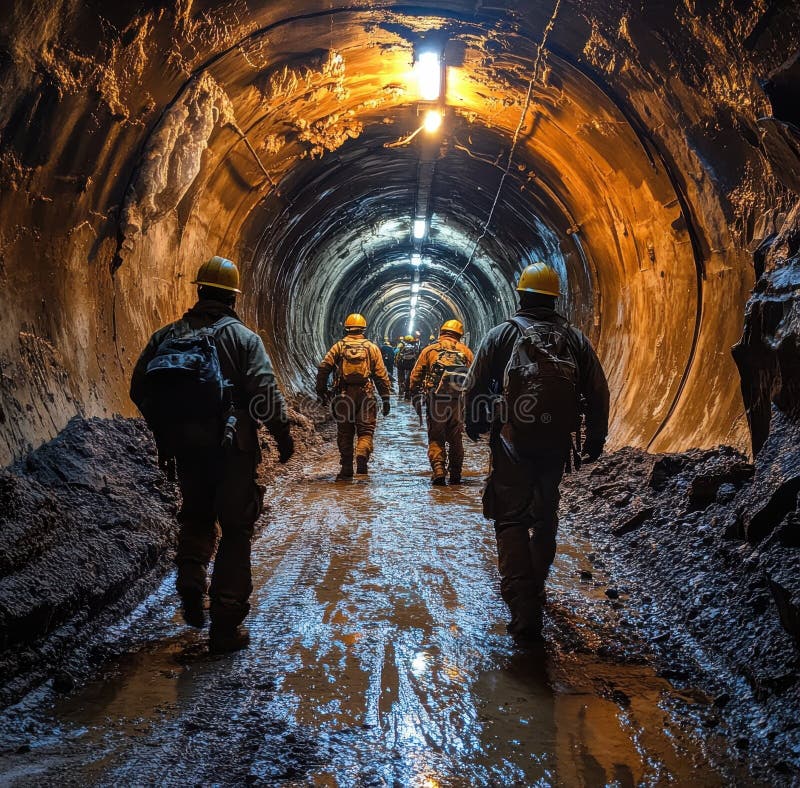 Workers Navigate a Dusty Underground Tunnel during Excavation in a Mining Operation Captured in ...