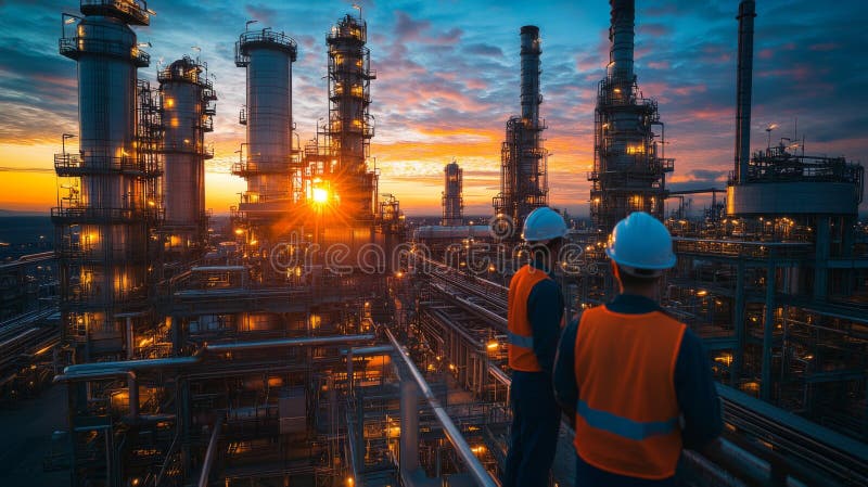 Workers Observe Sunset Views at a Mining Site with Extraction ...