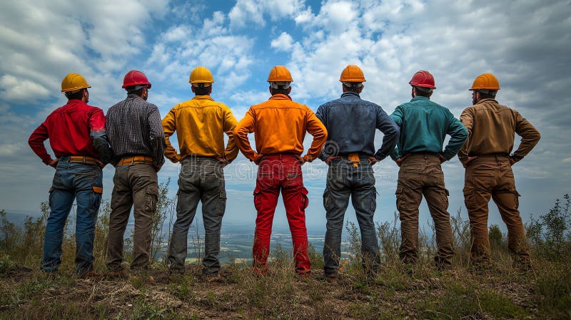Workers Observing the Landscape from a Hilltop, Showcasing Teamwork and ...
