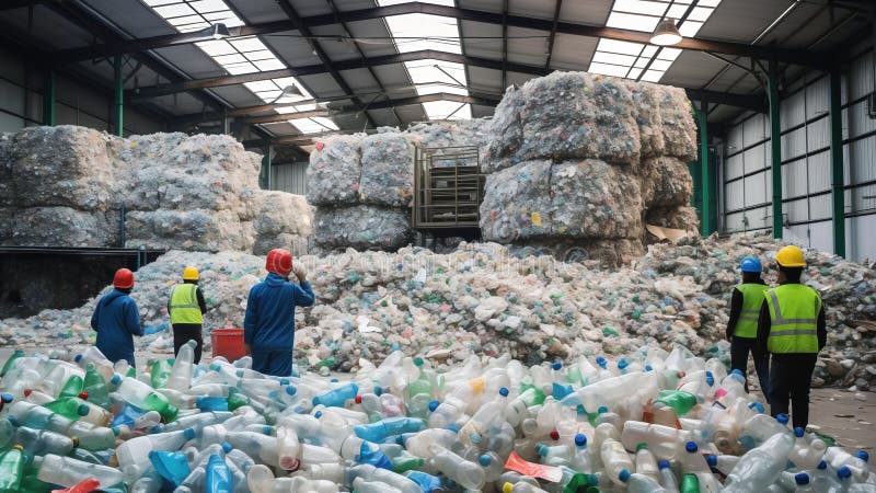 Workers Observing Large Piles of Plastic Waste in a Recycling Plant ...