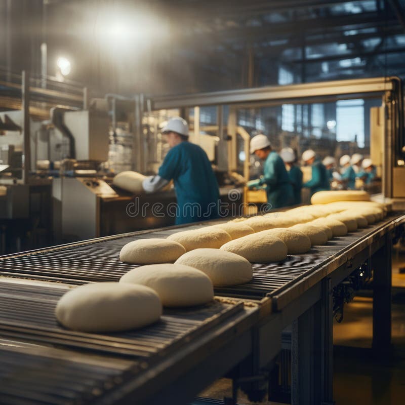 Workers Operate an Advanced Industrial Bread Production Line with ...
