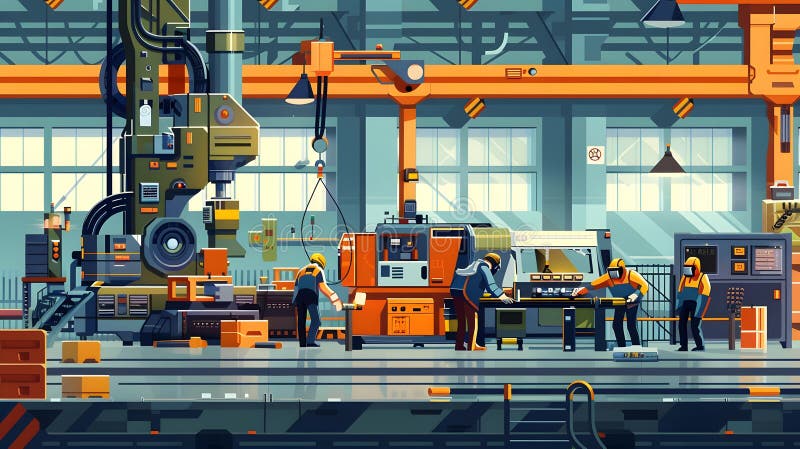Workers Operate Heavy Machinery in a Modern Factory, Producing Goods ...