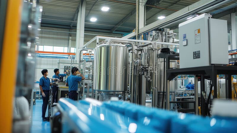 Workers Operate Machinery in a Modern Industrial Facility Focused on ...