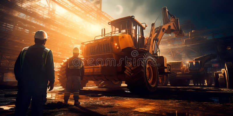 Workers Operating Heavy Machinery in a Construction Site within the ...