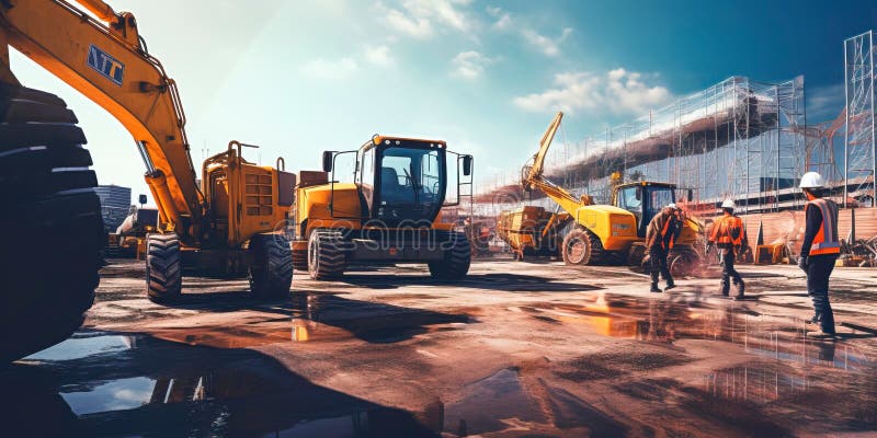 Workers Operating Heavy Machinery in a Construction Site within the ...