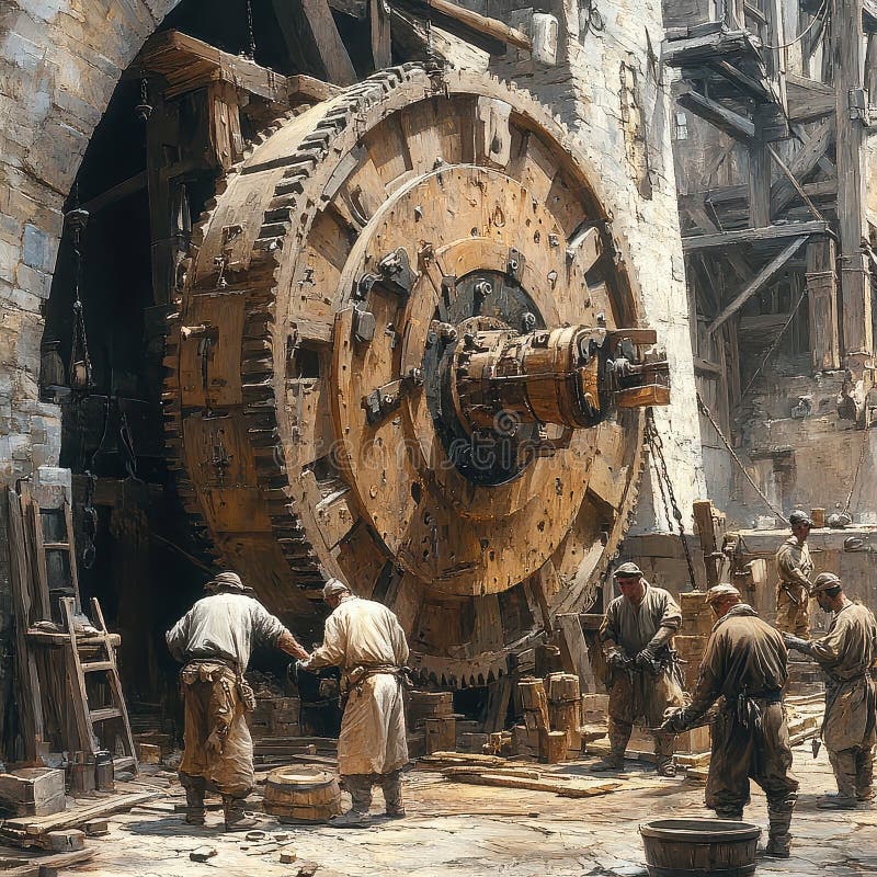 Workers Operating Large Wooden Waterwheel in Historical Setting Stock ...