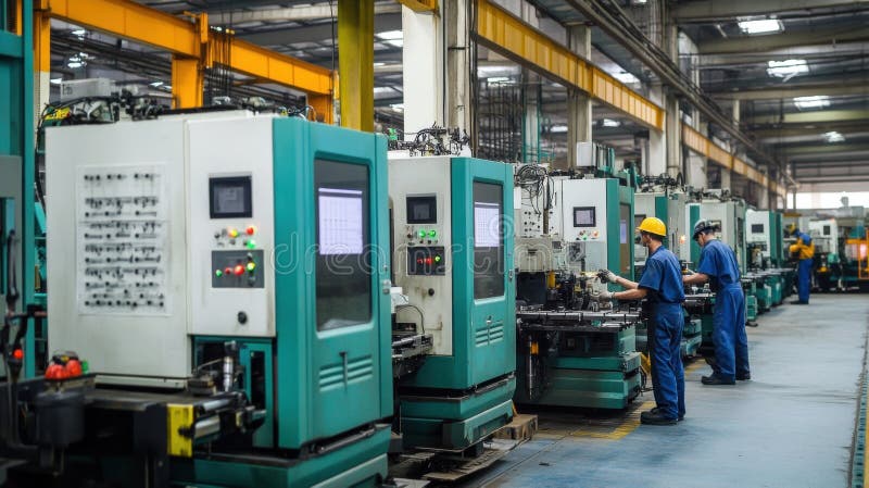 Workers Operating Machinery in a Modern Manufacturing Facility ...