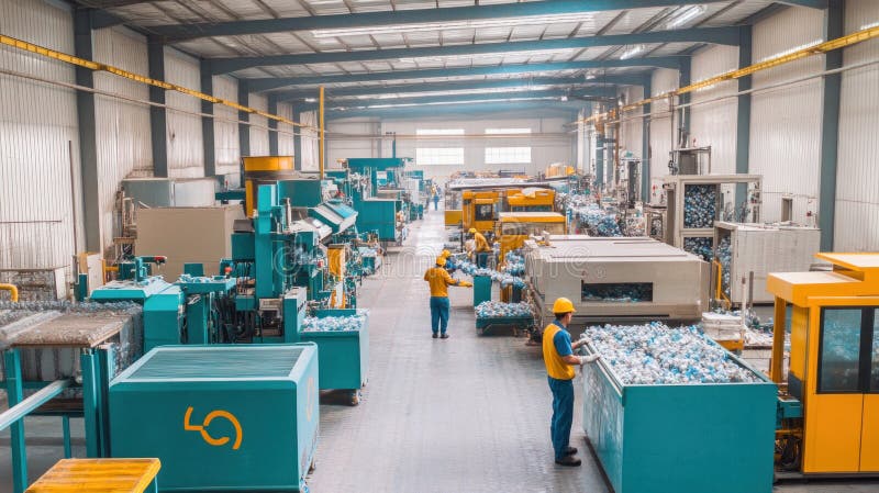 Workers Operating Recycling Machinery in Plastic Bottles Factory Stock ...