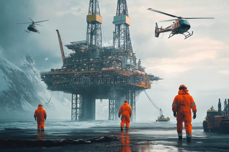 Workers in Orange Suits Approach a Massive Oil Rig. Helicopters Hover ...