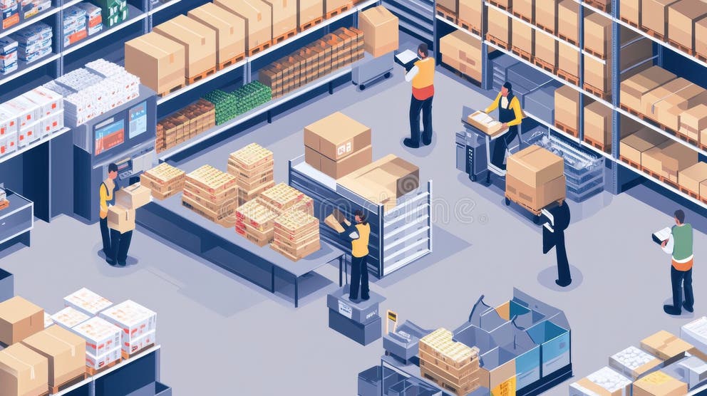 Workers Organize and Pack Grocery Orders in a Modern Isometric ...