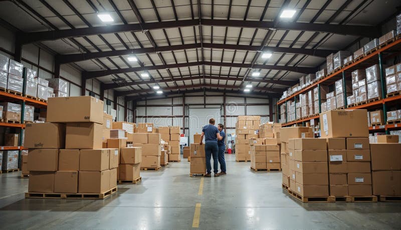 Workers Organizing Boxes in a Busy Warehouse, Teamwork Dynamics Stock ...