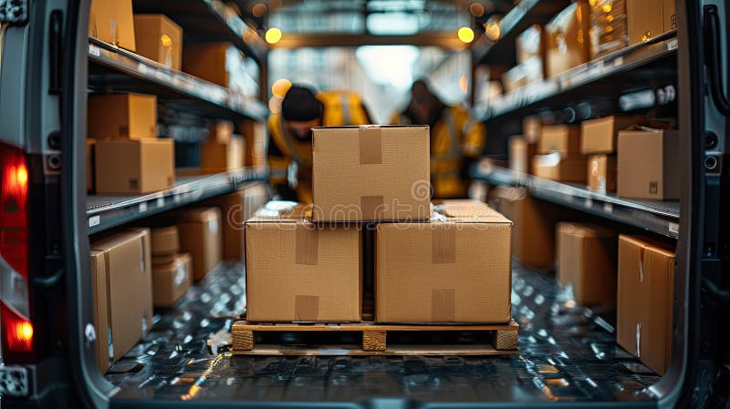 Workers Organizing Packages Inside a Delivery Van, with Brown Cardboard ...