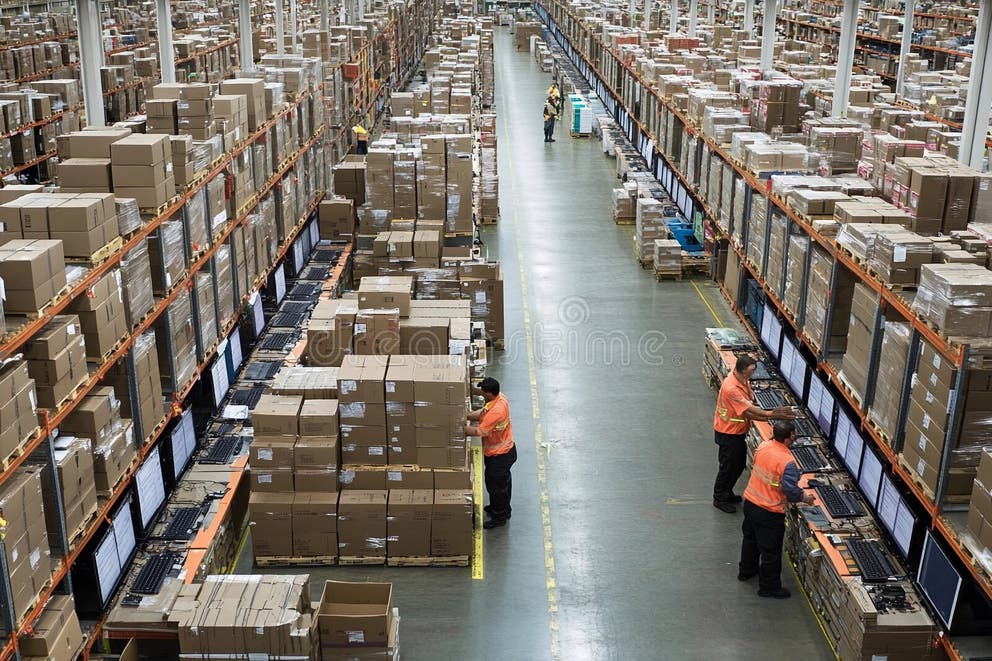 Workers Organizing Packages in a Large Distribution Center during a ...