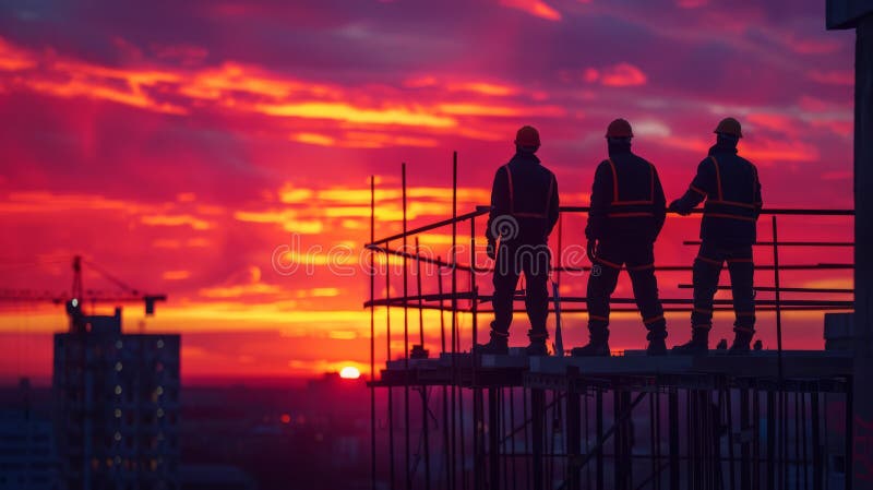 Workers Outlined Against a Vibrant Sunset on Construction Site Stock ...