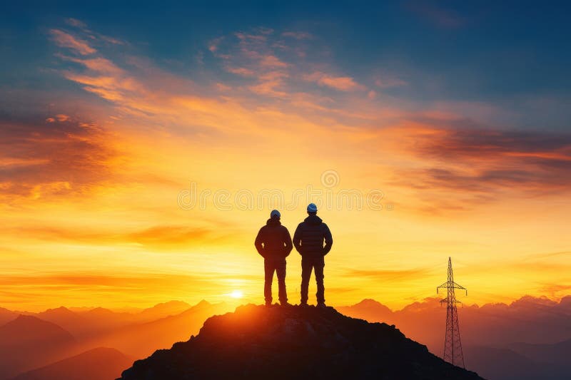 Workers Overlooking Industrial Landscape at Sunset Stock Photo - Image ...