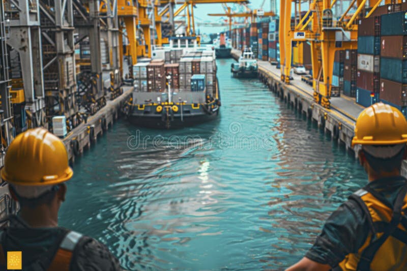 Workers Overseeing Busy Shipping Port Operations with Containers and ...