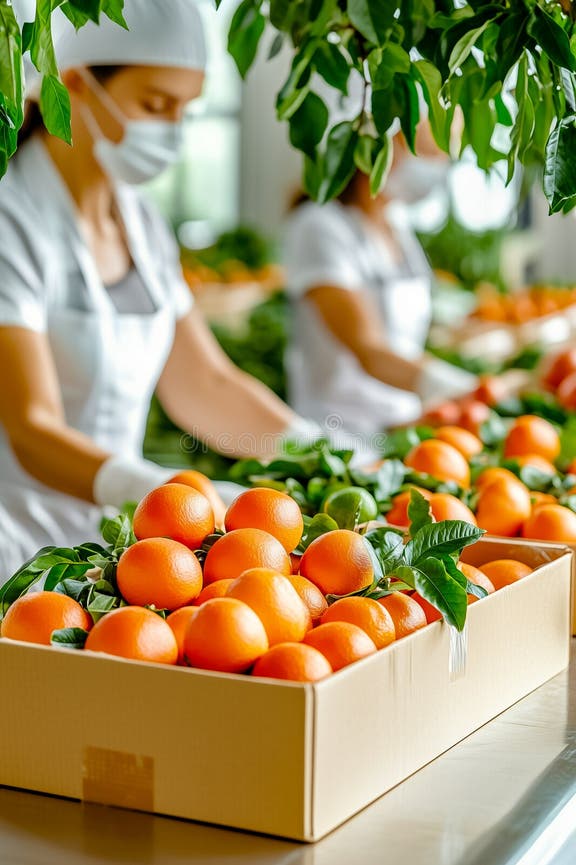 Workers Packing Fresh Oranges into Boxes in Bright Distribution Center ...