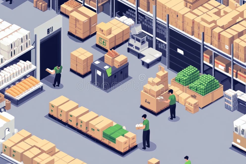 Workers Packing Grocery Orders in a Modern Isometric Warehouse Filled ...