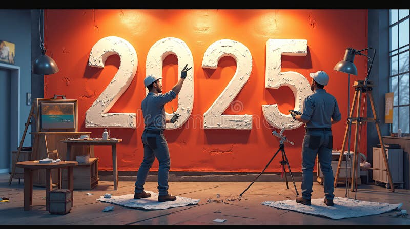 Workers Painting a Large 2025 Sign in a Creative Studio Stock ...