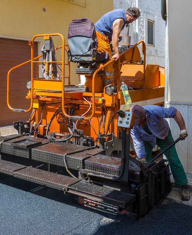 Workers on a Paver Machine Control the Drafting Stock Image - Image of ...