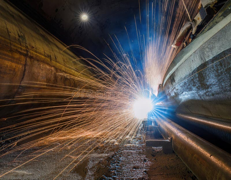 Workers Perform Welding Inside a Tunnel, Creating Bright Sparks in an ...