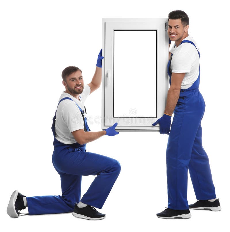 Workers with Plastic Window on White. Installation Service Stock Photo ...