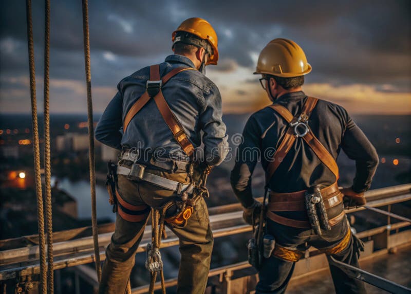 Workers Positioned at Height are Equipped with Safety Gear Stock ...