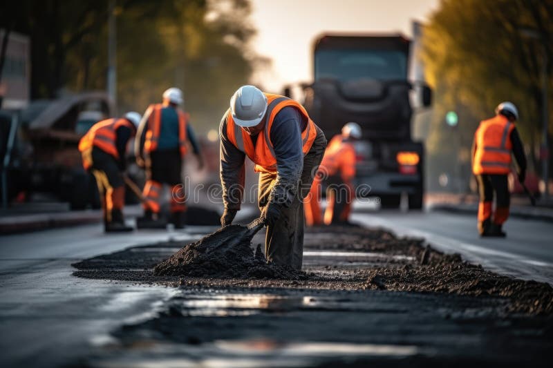 Workers Pour Asphalt on a Road Construction Site. Road Repair, Asphalt ...